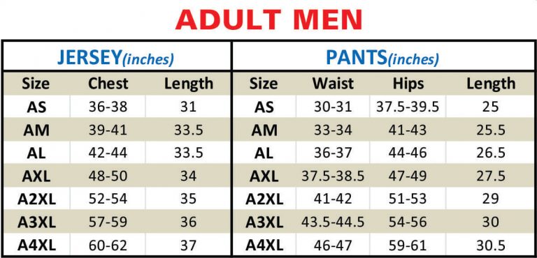 Size chart football uniform