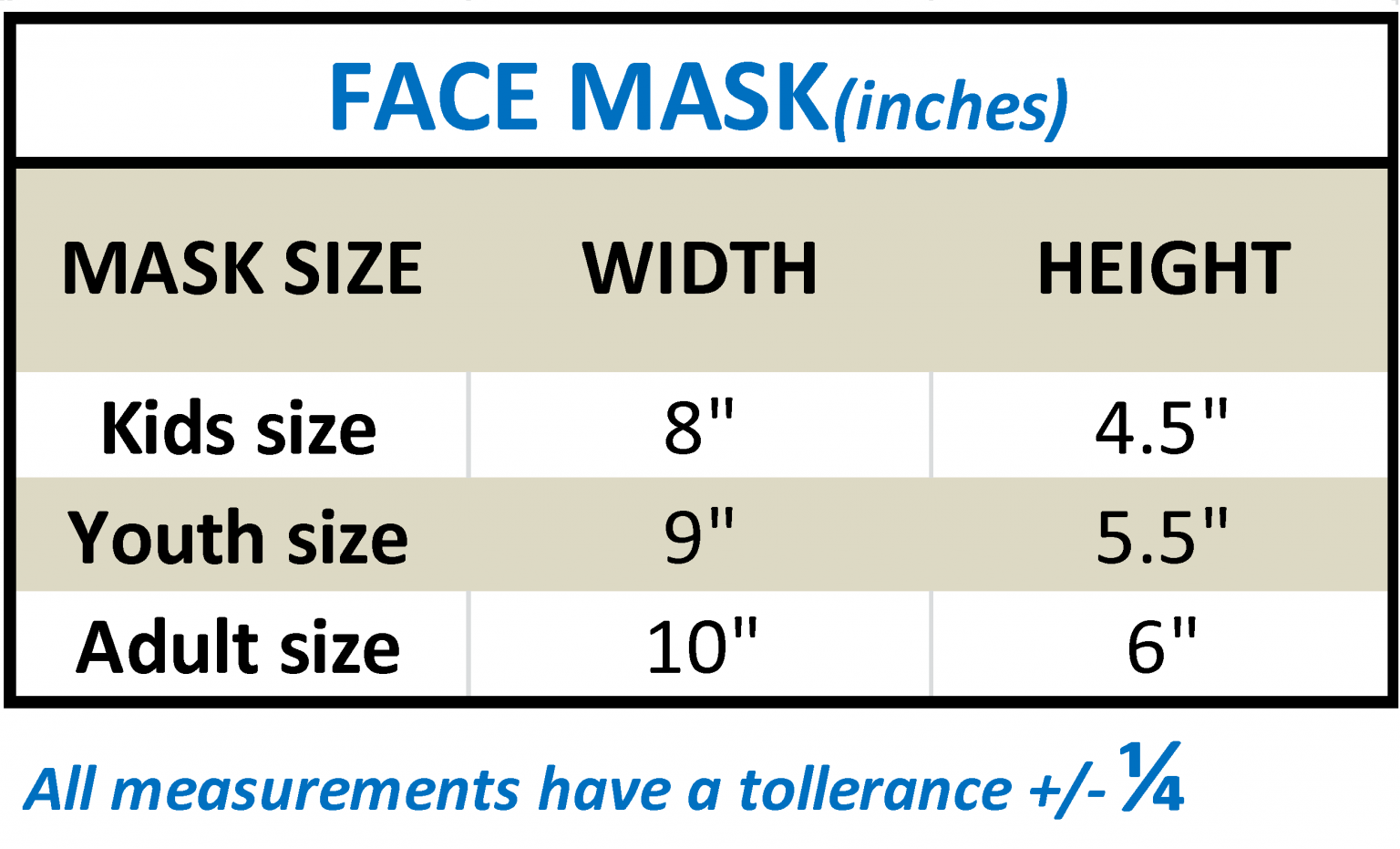 Size chart face mask
